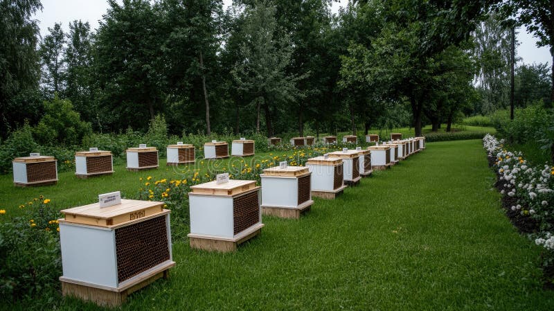 A Vibrant Array of Beehives Sits in a Green Meadow Surrounded by Trees ...