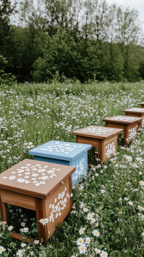 A Vibrant Array of Beehives Sits in a Green Meadow Surrounded by Trees ...