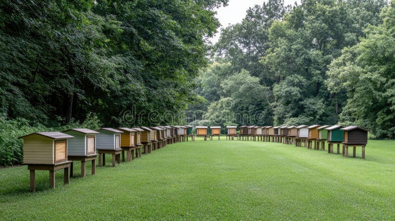 A Vibrant Array of Beehives Sits in a Green Meadow Surrounded by Trees ...