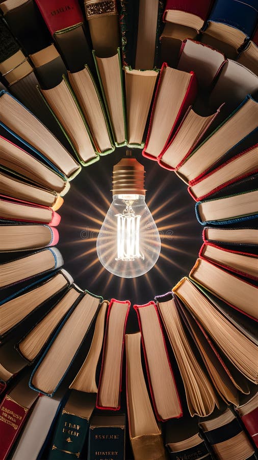 Circular Arrangement of Books Around Glowing Light Bulb Stock ...