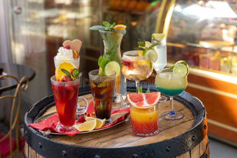Colorful Assortment Refreshing Cocktails Displayed Rustic Barrel ...