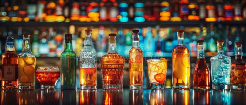 Vibrant Array of Cocktails and Spirits on a Bar Counter, with a Blurred ...