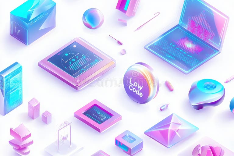 Exploring Innovative Low Code Development through Colorful Coding Symbols and Tech Objects Stock ...