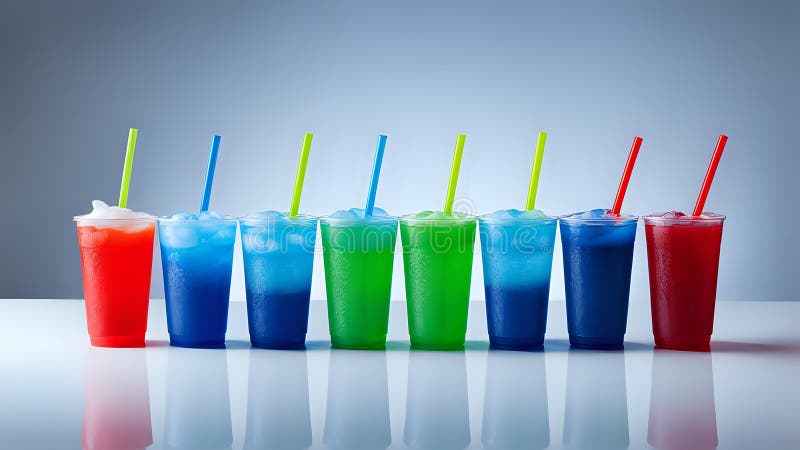 Vibrant Array of Cold Slush Drinks in Plastic Cups. Refreshing and ...