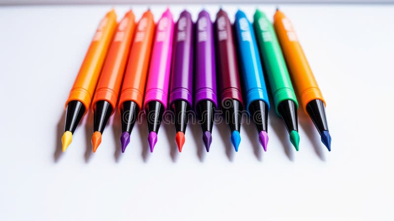 A Vibrant Array of Colored Markers, Neatly Aligned on a White Surface ...