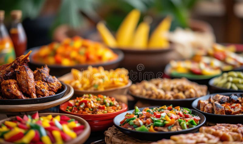 Vibrant Array of Colorful Dishes Featuring Grilled Chicken Wings, Fresh ...