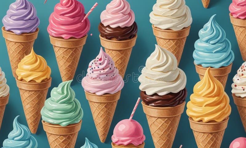 Vibrant Array Colorful Ice Cream Cones, Each with Unique Swirl Pattern ...