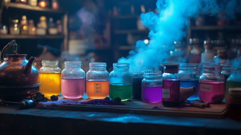 Vibrant Array of Colorful Liquids Displayed in Jars within Mystical ...