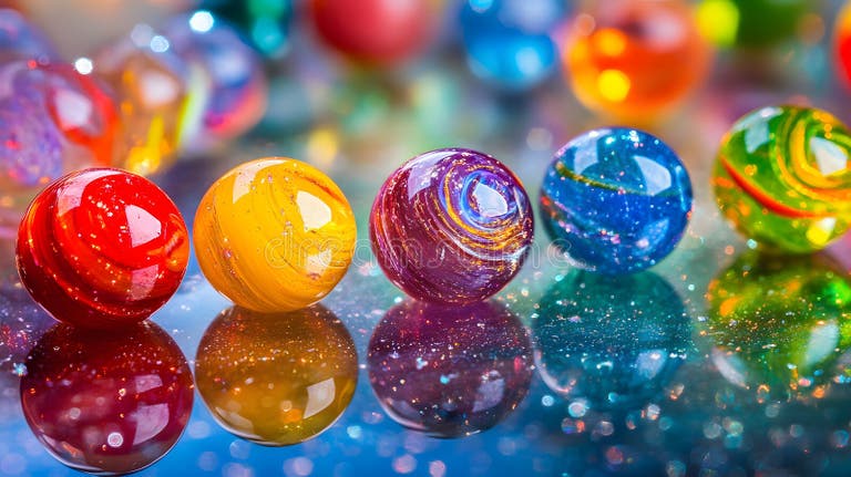 A Vibrant Array of Colorful Marbles Aligned on a Reflective Surface ...