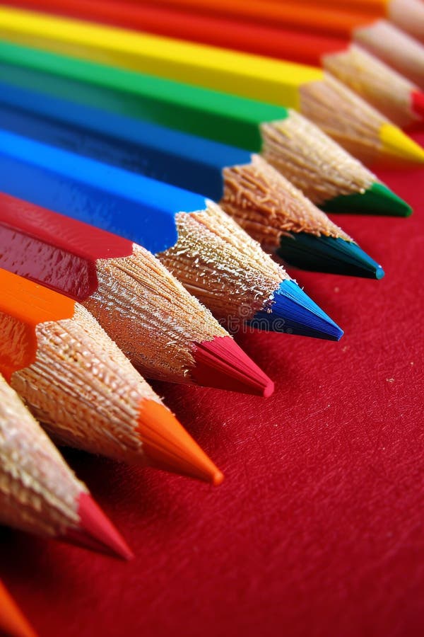 Vibrant Array of Colorful Pencils on Bold Red Backdrop for Creative Art ...