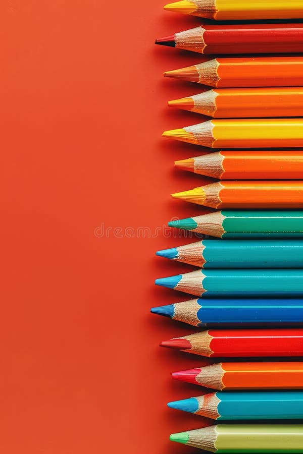 Vibrant Array of Colorful Pencils on Bold Red Backdrop for Creative Art ...