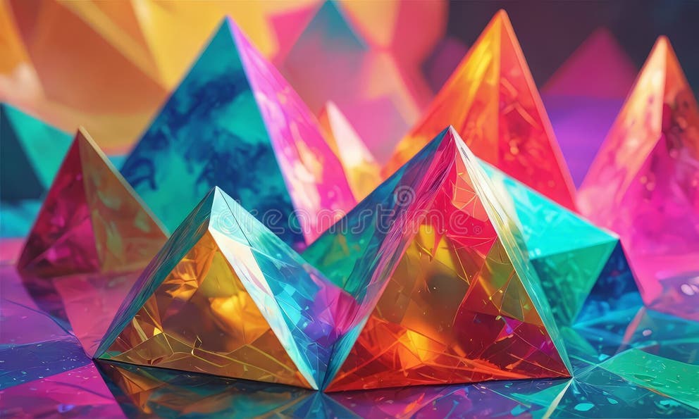 Vibrant Array Colorful, Reflective Pyramids and Cones, Arranged in ...