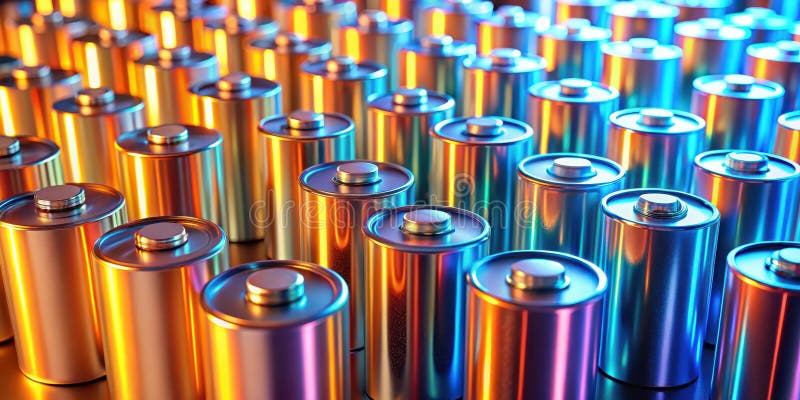 A Vibrant Array of Cylindrical Power Cells, Gleaming Under Multicolored ...