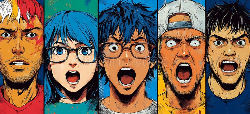 Vibrant Array of Emotionally Charged Anime-inspired Faces. Stock ...