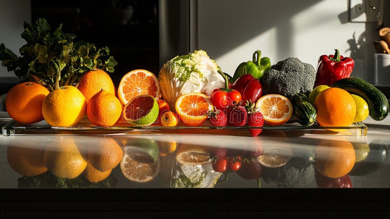 Vibrant Array of Fresh Fruits and Vegetables on Kitchen Counter Stock ...