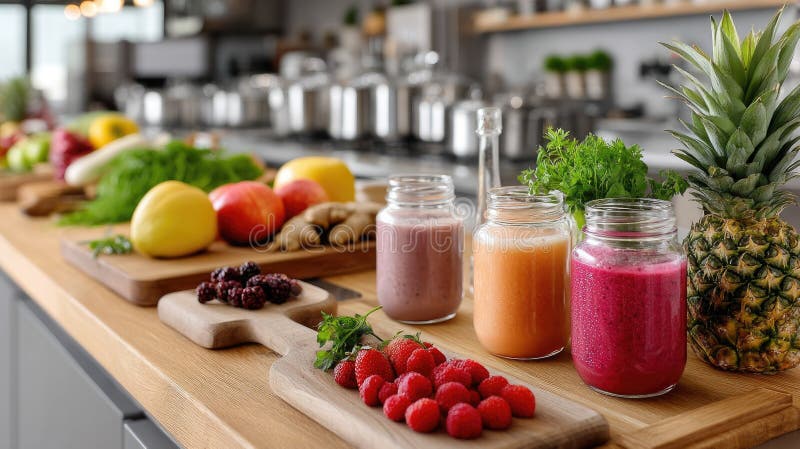 A Vibrant Array of Fresh Fruits and Vegetables Lines a Kitchen Counter ...