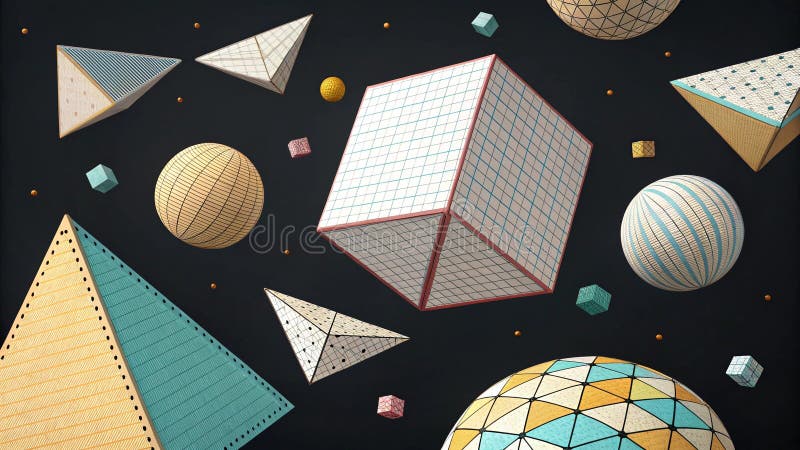 Geometric Shapes Floating in a Dark Space with Spheres Triangles Cubes and Pyramids in Various ...