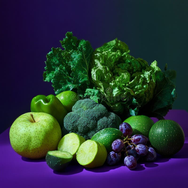 Vibrant Array of Green and Purple Fruits and Vegetables on a Purple ...