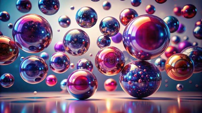 A Vibrant Array of Iridescent Spheres, Reflecting Cosmic Nebulae, Floats in a Dynamic, Gravity ...