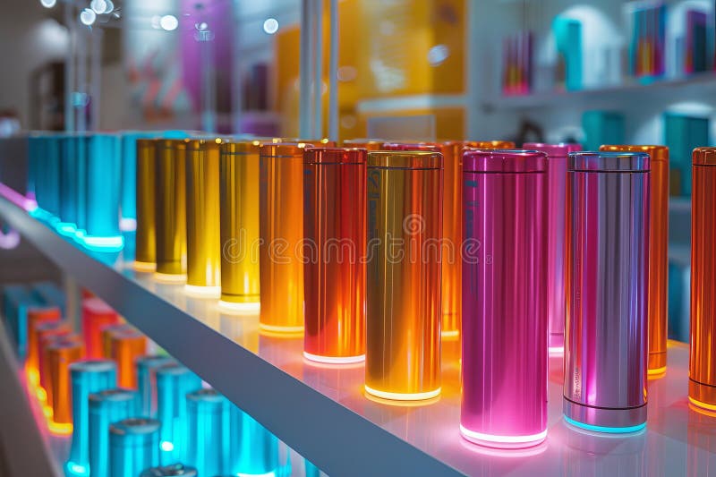Colorful Lithium-ion Batteries Displayed in a Showcase with Ambient ...