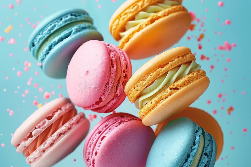 Vibrant Array of Macarons Suspended in Mid-Air Against a Cool Blue ...