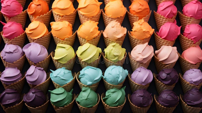 Colorful Ice Cream Cones in Neat Rows. Neural Network AI Generated ...