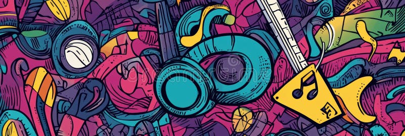 A Vibrant Array of Music-themed Doodles Showcases Various Instruments ...