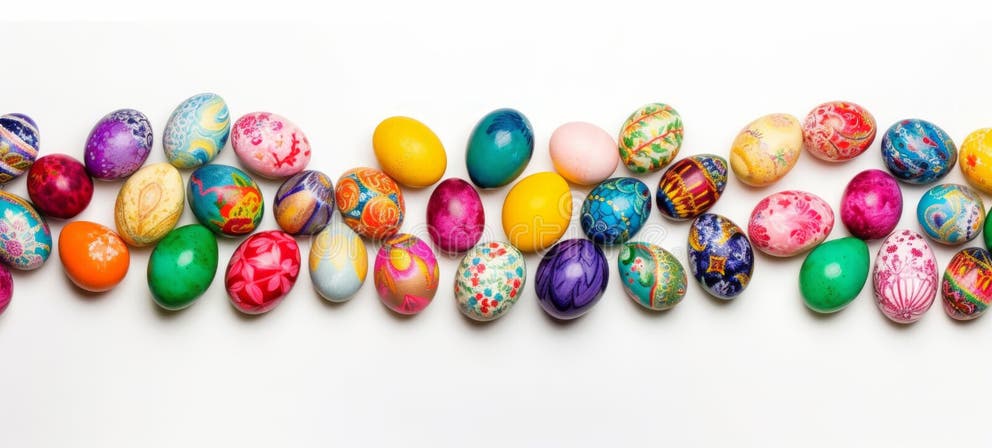 Vibrant Array of Painted Easter Eggs in Various Patterns and Hues, Aligned Neatly Against a ...