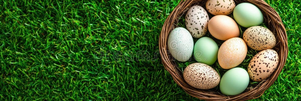 A Vibrant Array of Pastelcolored Easter Eggs Displayed in a Woven Basket on a Lush Green Meadow ...
