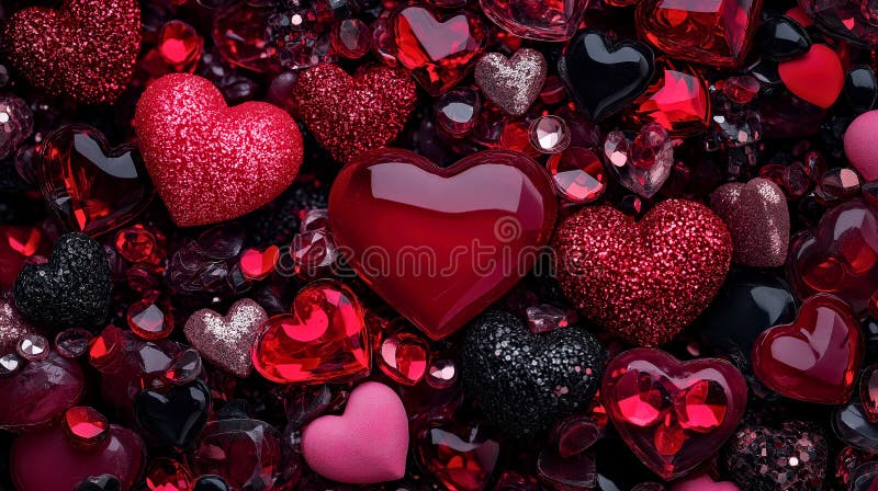 Vibrant Array of Red and Black Hearts with Glitter and Glossy Textures ...