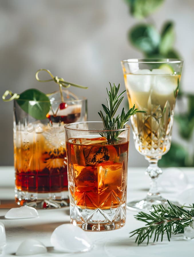 A Vibrant Array of Refreshing Cocktails with Ice and Garnish on a White ...