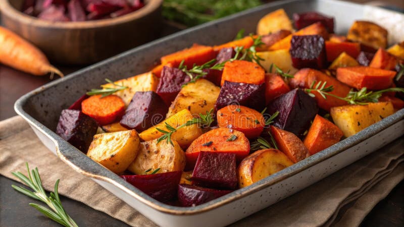 A Vibrant Array of Roasted Root Vegetables Including Sweet Potatoes ...