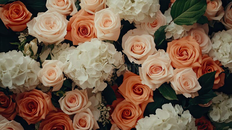 A Vibrant Array of Roses and Hydrangeas in Soft Pastel Tones Creates an ...