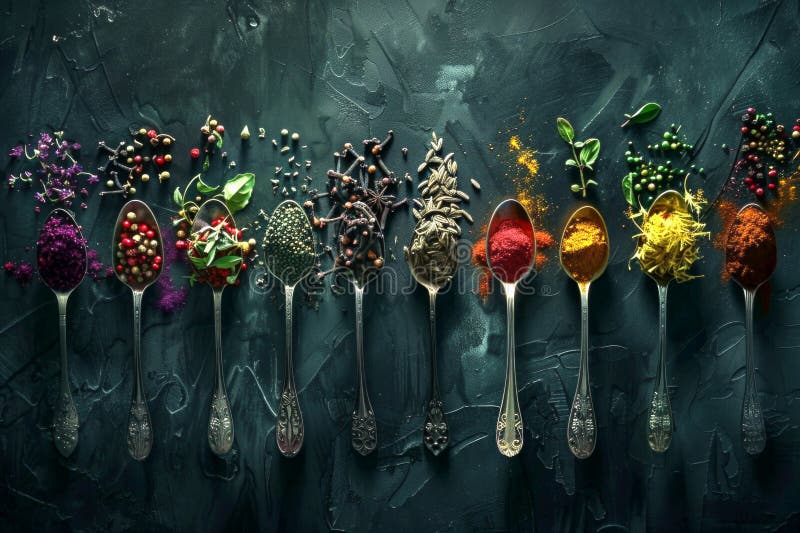 A Vibrant Array of Spices Displayed in Elegant Silver Spoons. Each ...