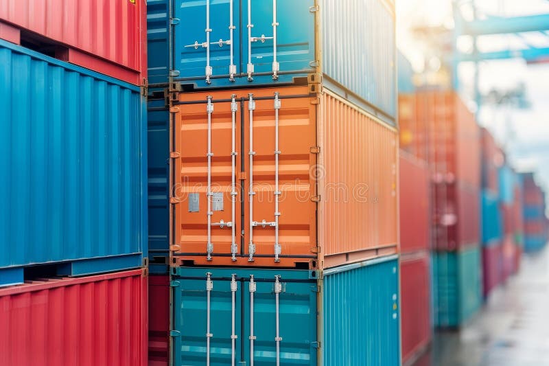 Stacked Cargo Containers at a Busy Shipping Port, Representing Global ...