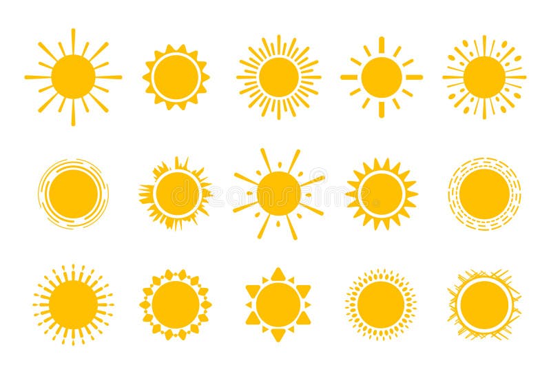 Vibrant Array of Stylized Sun Icons with Various Rays and Designs on a ...