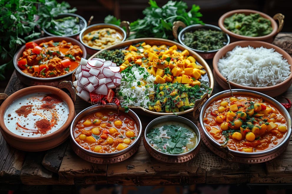 Vibrant Array of Traditional Indian Dishes Displayed on Rustic Wooden ...