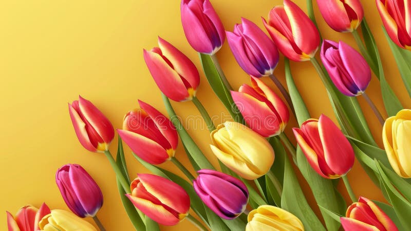 Vibrant Array of Tulips on a Sunny Yellow Background Stock Image ...