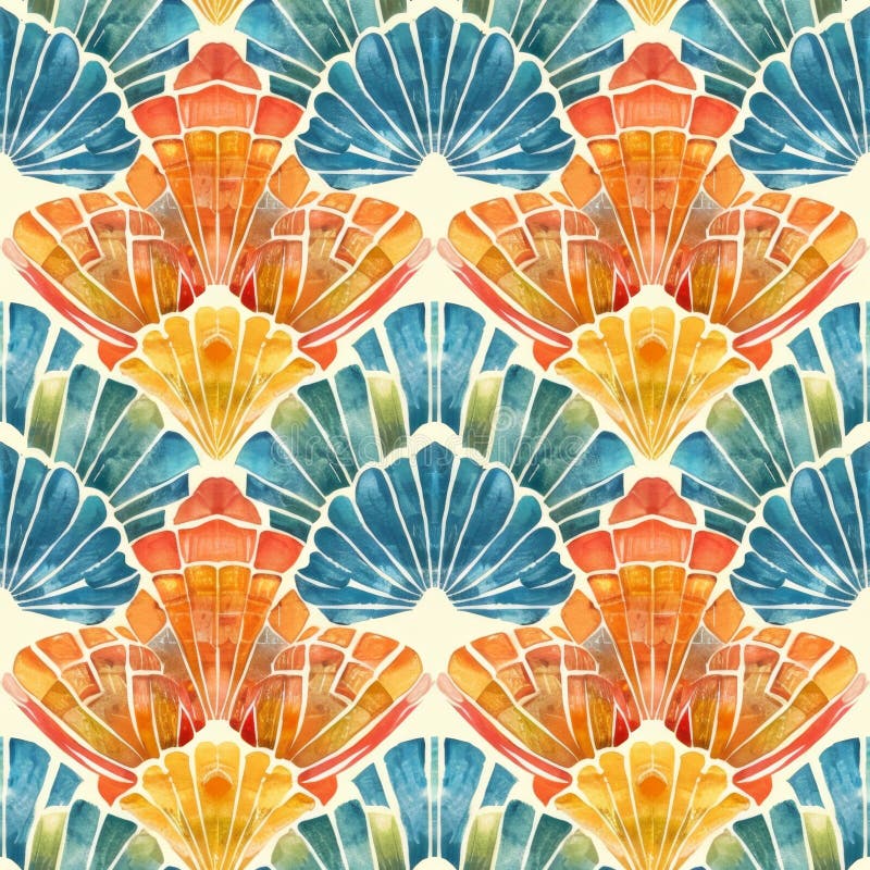 Vibrant Art Deco Shell Pattern in Warm and Cool Tones Stock Image ...