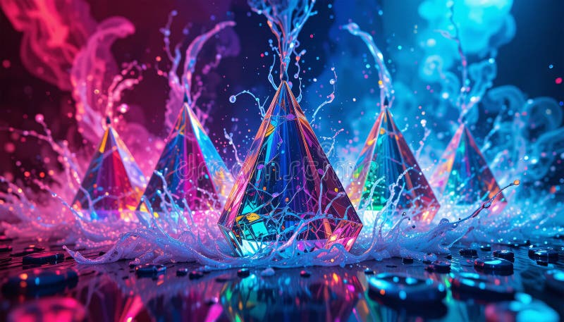 Iridescent Pyramids Surrounded by Splashes of Water on a Reflective ...