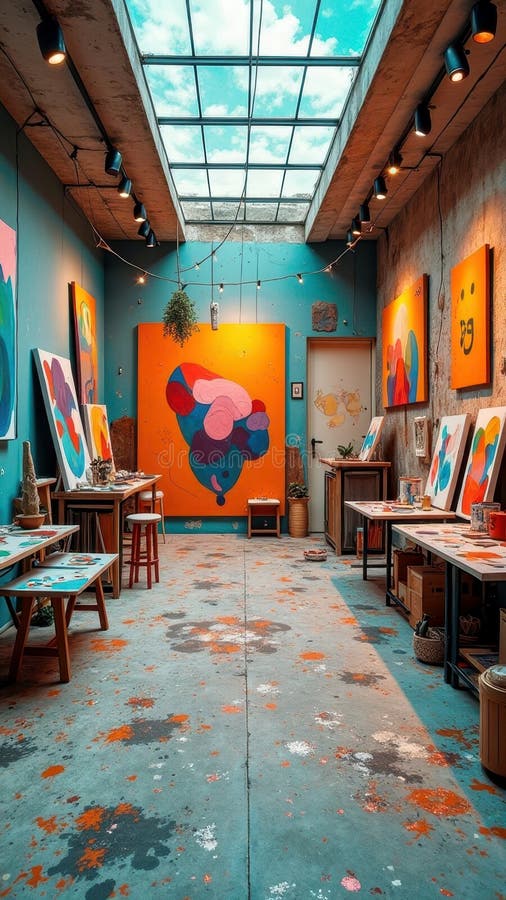 Vibrant Art Studio with Abstract Paintings and Skylight Displaying Blue ...