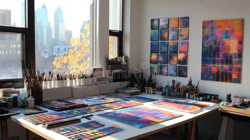Vibrant Artist Studio with City View and Colorful Artwork Stock ...