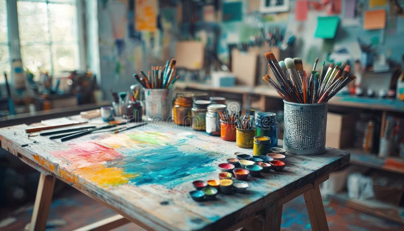 Vibrant Artist Workspace Filled with Paint, Brushes, and Tools Stock ...