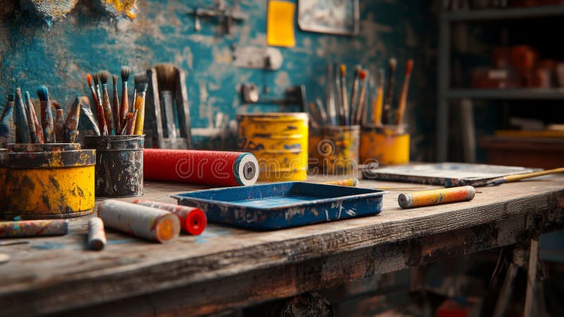 A Vibrant Artist Workspace Filled with Tools and Materials. Brushes and ...