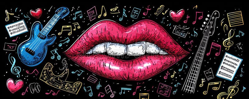 Vibrant Artistic Collage Lips Musical Instruments Notes Stock Photos ...