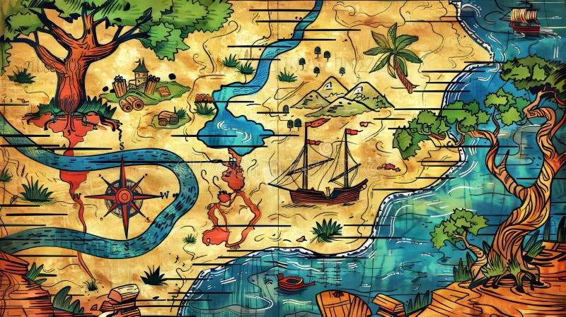Vibrant Artistic Treasure Map Illustration Featuring Route, Tree, and ...