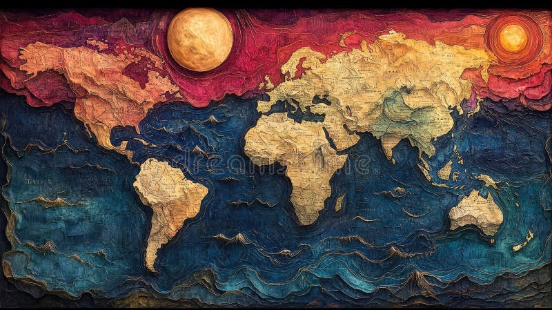 Vibrant Artistic World Map with Celestial Elements Stock Image - Image ...