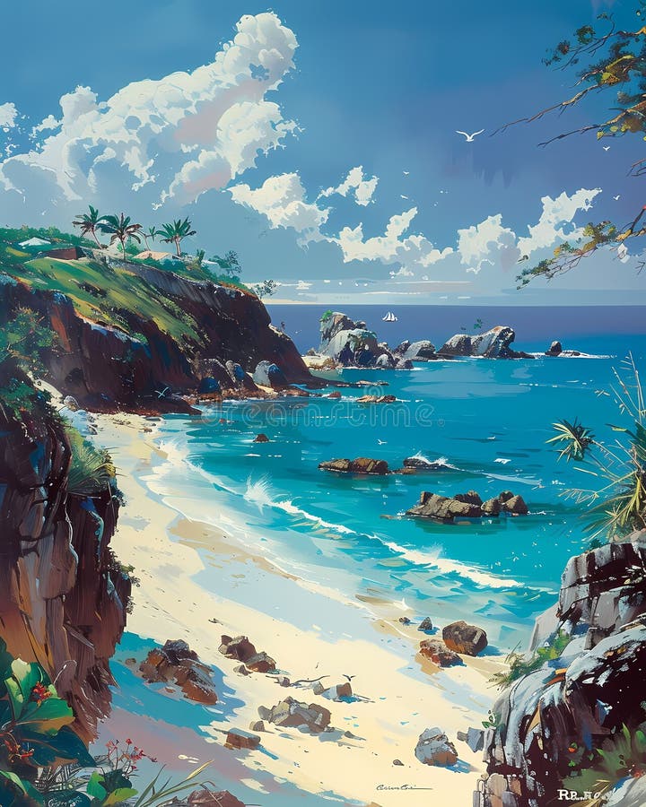 Vibrant Artwork of Bermuda Beach Scene with Rocks and Trees, North ...