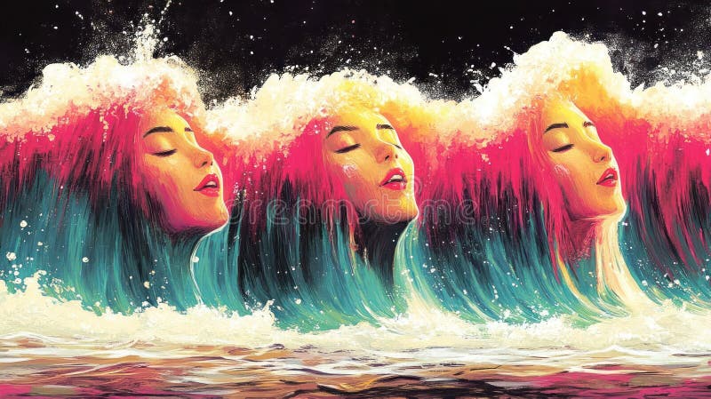 A Vibrant Artwork Depicting Flowing Waves and Serene Faces, Blending ...