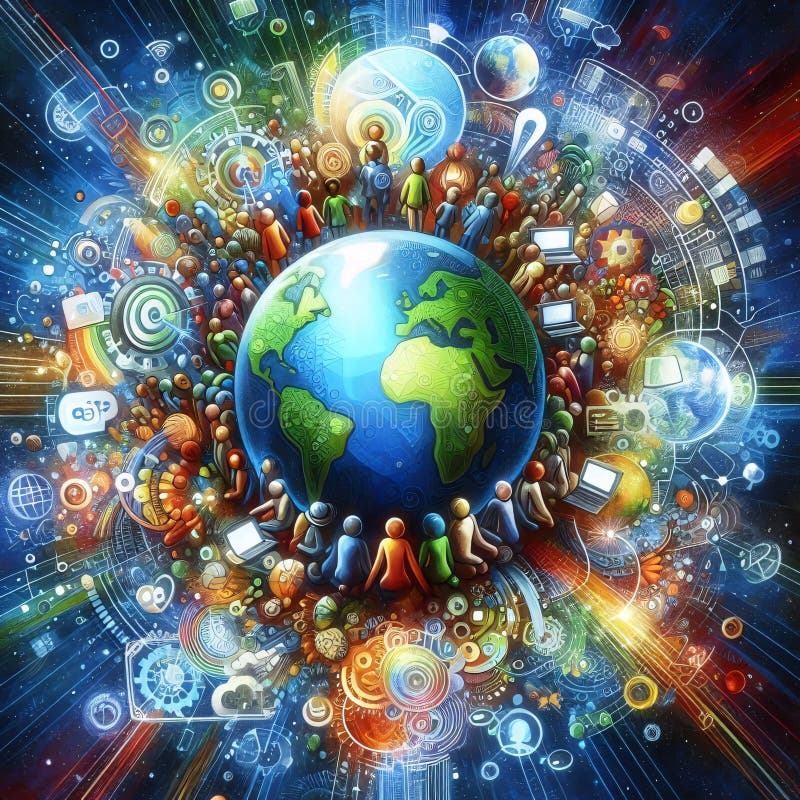 Vibrant Artwork of Earth Surrounded by Technology and Human Figures ...